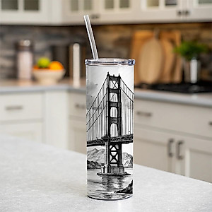Sketch Of Golden Gate Bridge San Francisco California Skinny Tumbler 20oz with Straw Insulated Water Bottle Gift