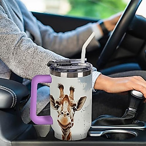 LLUTSNTH 40 Oz Vacuum Tumbler with Violet Handle Leakproof Insulated Tumbler Giraffe Stainless Steel Travel Mug with Lid And Straw Coffee Cup Cute Water Bottles Cup Holder Friendly
