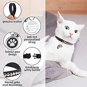 DILLYBUD Leather Personalized Breakaway Cat Collar with Studded Bell and Safety Quick Release Buckle - Rivets Studded ID DIY Collars for Boy Girl Cats Kittens