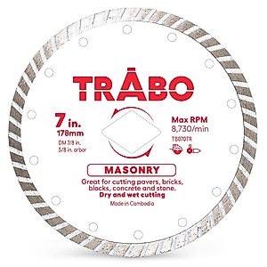 Trabo 7 Inch Masonry Turbo Rim Diamond Metal Bond Blade for Cutting Cement, Pavers, Concrete with Rebar, Natural Stone and More, with 7/8 Inch Arbor with 5/8 Inch Reducer Ring