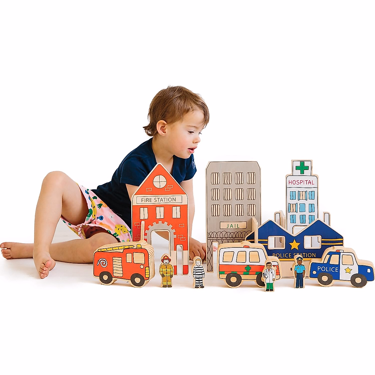 THE FRECKLED FROG Happy Architect - Emergency - Set of 20 - Ages 2+ - Wooden Blocks for Preschoolers and Elementary Aged Kids - Includes Workers, Vehicles and Buildings