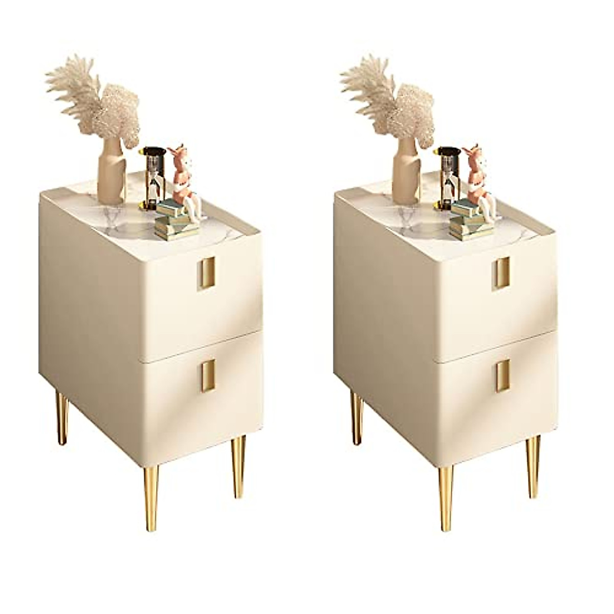NIUYAO Nightstand Modern Solid Wood with 2-Drawer Storage Bedside Table Marble Top Practical End Side Table Bedroom Furniture -White/Gold 10" L x 16" W x 20" H