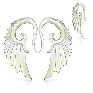 Pierced Owl Hand Carved Mother of Pearl Angelic Wing Hanging Taper Plugs, Sold as a Pair (10mm (00GA))