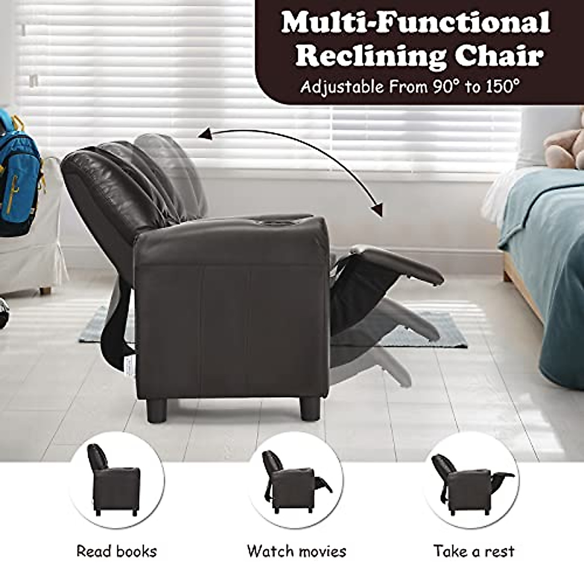 Costzon Kids Recliner Chair with Cup Holder, Toddler Furniture Children Armrest Sofa w/Headrest & Footrest for Girls Boys Baby Bedroom, Kids Room, PU Leather Kids Recliner Couch (Brown)