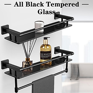 SFGSOWOR Bathroom Glass Shelf with Towel Bar/Rack 20 inches Wall-mounted Shelves Tempered Glass Sink Toilet Organizer Shower Towel Decorative Storage (Matte Black, 20‘’)