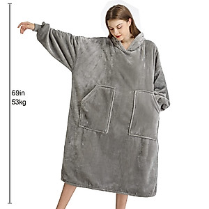 Kipswiza Oversized Wearable Blanket Flannel Soft Long Hoodie Blankets for Adults-Light Grey