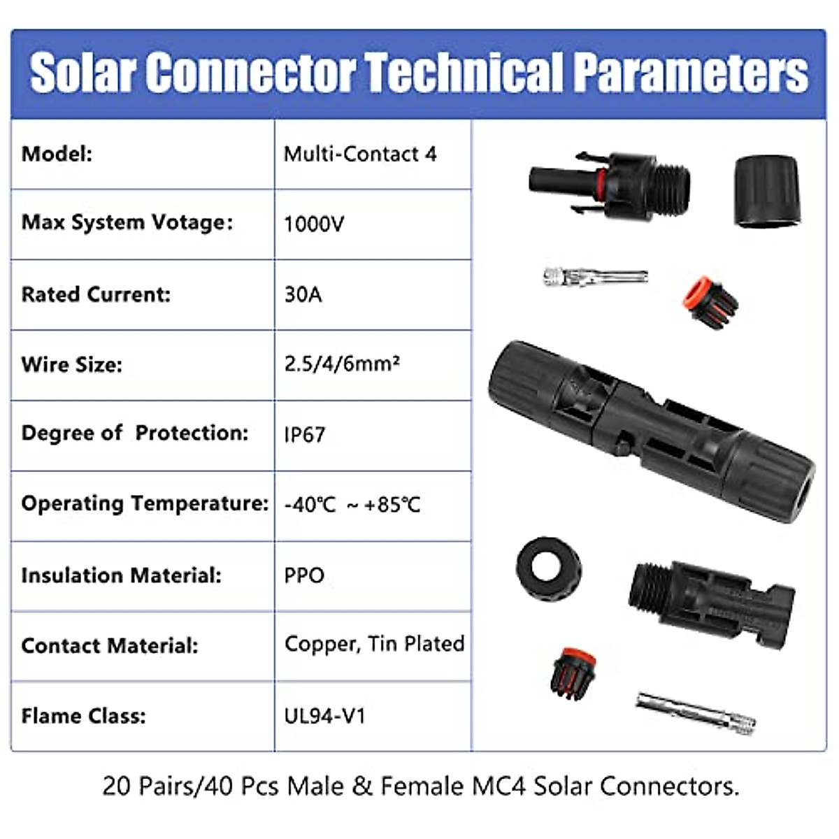 PRECIHW 12 Pairs Solar Panel Cable Connectors, Multi-Contact 4 Solar Connectors, IP67 1000V 30A Waterproof Male/Female Solar Panel Cable Connectors for 2.5/4/6mm² with 2 Pack Wrenches