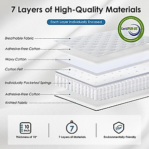 Twin Mattress,10 Inch Twin Size Mattress,Hybrid Mattress Twin In a Box,Individually Pocketed Innerspring,Fiberglass-Free Mattress,Medium Firm CertiPUR-US Certified,120 Nights Risk-Free Trial,White