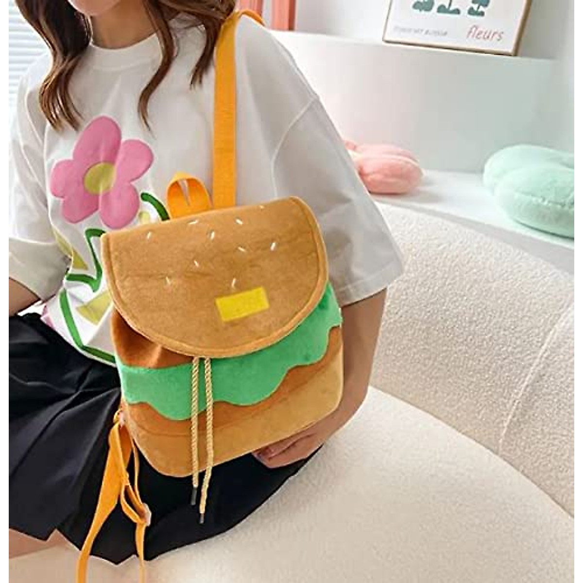 Hamburger Design Backpack Purse! Cute Front Flap Drawstring Bag! Cartoon Fluffy Lightweight School Bookbag! (Large)