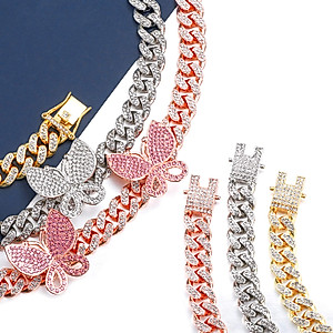 DXZNBEST 18 Inch 13mm Butterfly Cuban Necklace Collars Miami Butterfly Cuban Link Choker Iced Out Bling Butterfly Chain for Women Hip Hop Rapper Mother's Day Christmas