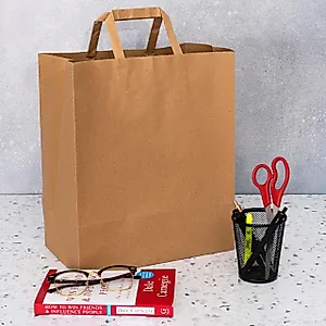 Prime Line Packaging Brown Paper Bags with Handles, Reusable Grocery Tote for Food, Takeout, Delivery, Shopping, Small Business, Bulk, 12x7x14 100 Pack