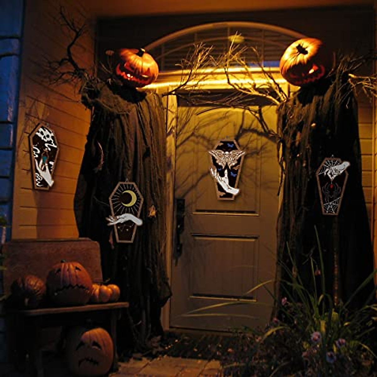 CHDITB Gothic Home Decor Coffin Hanging Sign(Set of 4, 6.3"x 10.43"), Spooky Coffin Shaped Door Hanger with Witch Hands Spider Butterfly, Retro Goth Horror Wood Sign for Home Party Haunted House