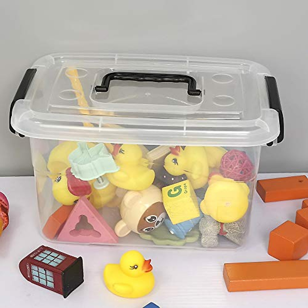 Hespama 6 Quart Storage Bin, Plastic Latch Box with Black Handle, 6 Packs, R