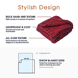 Cheer Collection Chunky Cable Knit Throw Blanket for Couch, Sofa, Bedroom and Living Room - Extra Soft and Cozy Decorative Throws - 50" x 60", Burgundy