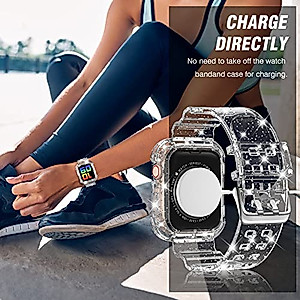 DABAOZA Compatible for Clear Apple Watch Band 45mm 44mm 42mm with Case, Women Girl Glitter Bling Crystal Strap and Bumper for iWatch Band SE Series 8/7/6/5/4/3/2/1(Glitter Clear, 45mm/44mm/42mm)