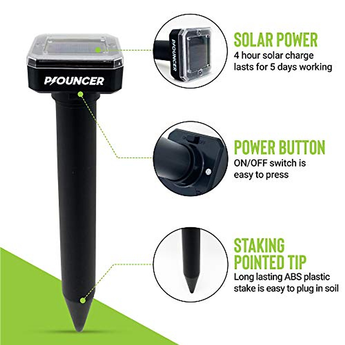 P-OUNCER Solar Mole Repellent (4 Pack): Ultrasonic Pest Repeller for Rats, Mice, Voles and Gophers, Waterproof Solar Powered Stakes for Garden and Yard, Outdoor Snake Deterrent, Humane Pest Control