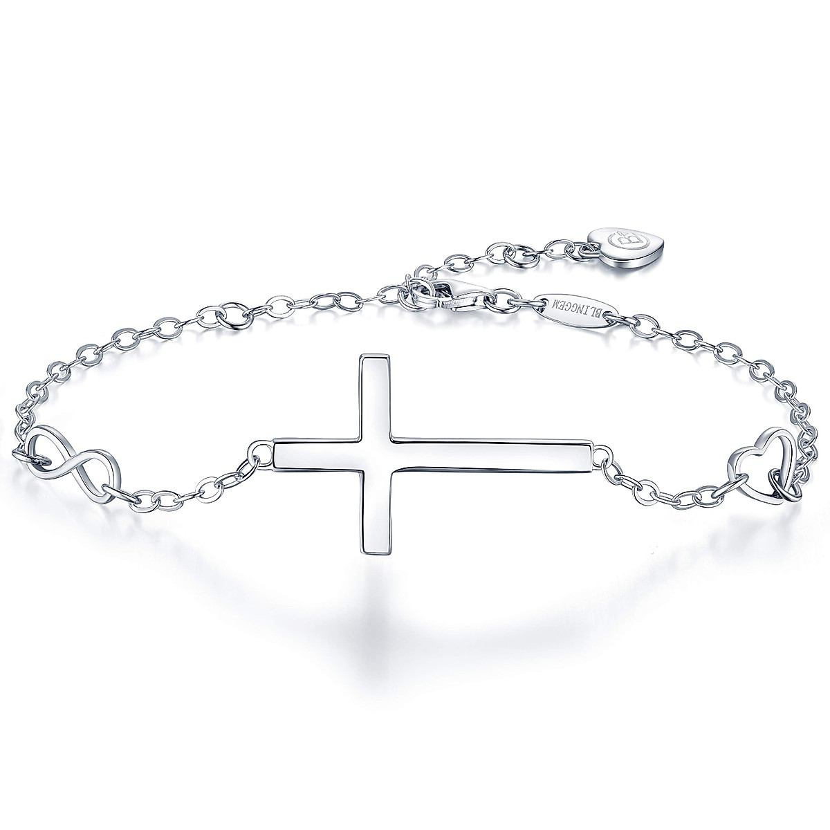 BlingGem Cross Bracelet for Women Sterling Silver Sideways Cross Dainty Religious Symbol Faith God Blessed Confirmation Baptism Jewelry Gifts for Women