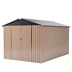WKM Outdoor Storage Shed 8x12 FT, Utility Metal Tool Storage with Lockable Doors and Updated Frame Structure, Large Metal Garden Shed for Backyard, Patio Lawn, Brown