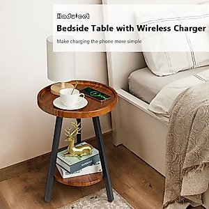 Hadulcet Small End Table with Charging Station, Small Side Table for Small Spaces, Small Nightstand Bedside Table, Small Round Side Tables Bedroom, Small Round End Tables Living Room, Small Table