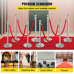 VEVOR Velvet Ropes and Posts 8 Pcs, 5 ft Red Velvet Rope, Stanchion Post with Ball Top, Crowd Control Barriers Silver Stanchions, Red Carpet Poles, Crowd Control Ropes and Poles for Party Supplies