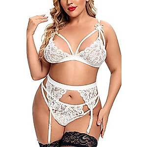 Women Plus Size Lingerie - Sexy Bow Lace Bodysuit Exotic Strap Harness Bra Panty Garter Belt 3pcs Set(White,3XL,688a)