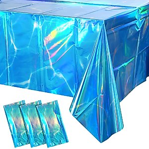 YIDAKO 3 Pack Ocean Tablecloths Iridescent Plastic Disposable Table Cloth Rectangle Water Wave Table Covers for Under Sea Ocean Pool Beach Party Decorations, 54 x 108Inch