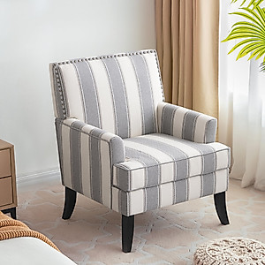 HUIMO Printed Accent Chair Upholstered Linen Fabric Living Room Chair with Rivet Comfy Armchair with Hold up to 300lb Capacity Reading Sofa Chair for Bedroom, Study (1, Wide Stripe Grey)