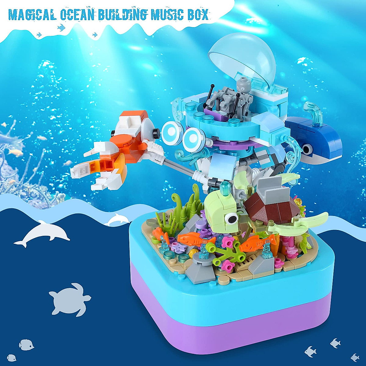 BUILPLAY Building Blocks Music Box for Kids Rotating Ocean Model Building Kits STEM Educational Toys & Gifts for Boys and Girls 8+ Years Old