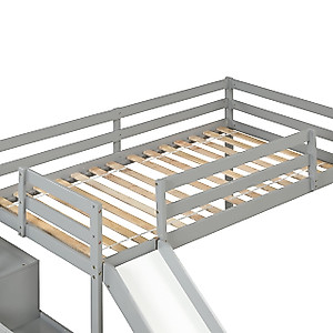 Harper & Bright Designs Twin Loft Bed with Slide and Stairs, Solid Wood Kids Loft Bed with Full-Length Safety Guardrails, for Girls Boys – Gray