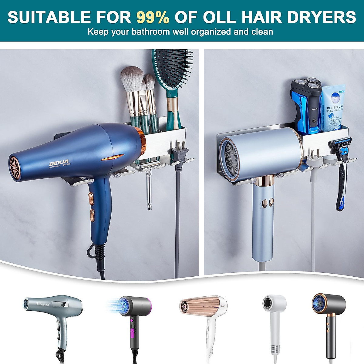 Hair Dryer Holder Wall Mounted, Blow Dryer Organizer, Hair Tool Organizer, Adhesive Blow Dryer Holder for Bathroom, Stainless Steel Hair Dryer Stand with Plug Hook & Storage Compartment