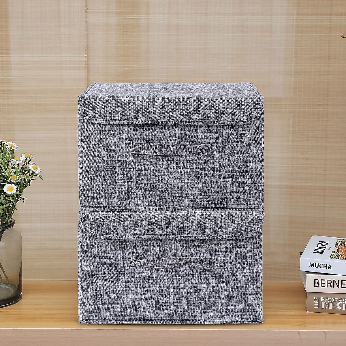 BAYUTE foldable storage box 2 storage boxes with lids, linen storage box, used to store toys, clothes, paper and books in the closet and bedroom.