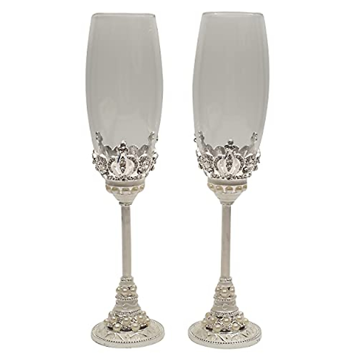 Lassos Boutique Silver Ivory Pearl Crystal Champagne Toasting Flutes, Set of 2