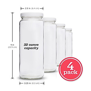 All About Juicing Glass Bottles Set - 32 oz Jars, 4 Pack Wide Mouth with Lids for Juice, Smoothies, Water, Milks, Beverage Storage - Large Jug, Clear, Durable, Reusable, Dishwasher Safe, Leak Proof