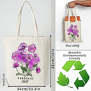 GZLDGIFTS Birth Month Flowers Canvas Tote Bag Birthday Gifts for Women Reusable Shopping Cloth Grocery Floral Tote Bags with Zipper Handles Christmas Wedding Favors Gift Beach Travel（Feb Violet）