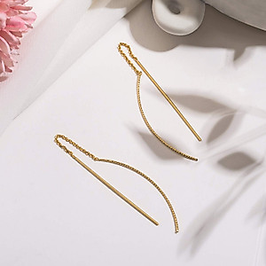 NOKMIT Threader Earrings for Women 14K Gold Tone Long Lightweight Dangle Drop Earrings Dainty Curved Bar Thin Chain Threads Hypoallergenic Jewelry Gifts