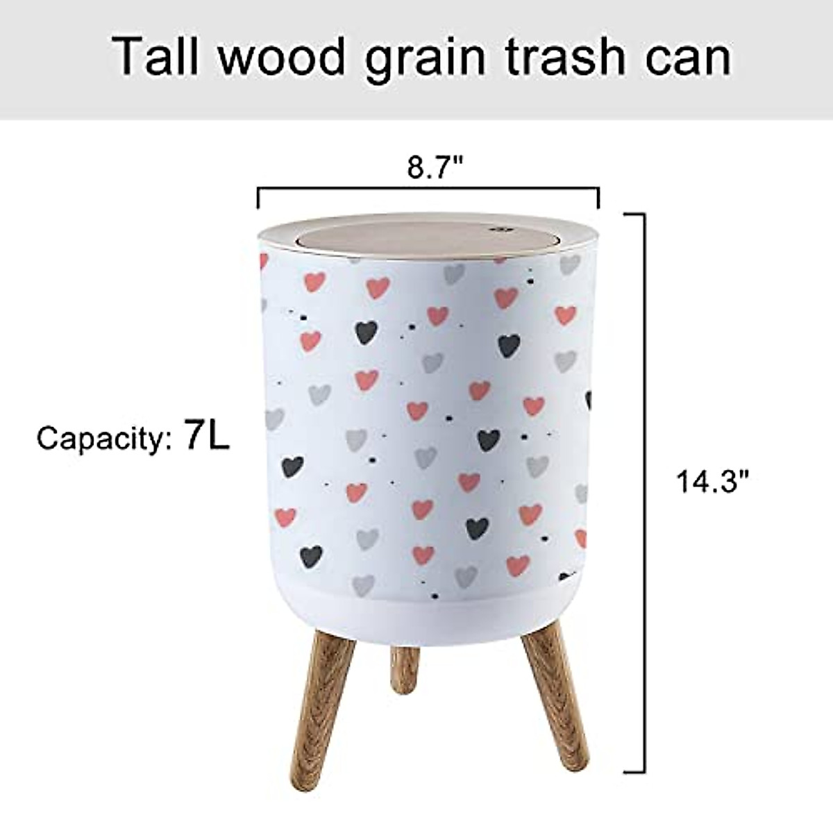 Small Round Trash Can Patterns with red and Grey Hearts with Recycle Bins with Press Top Lid Dog Proof Wastebasket for Kitchen Bathroom Bedroom Office 7L/1.8 Gallon