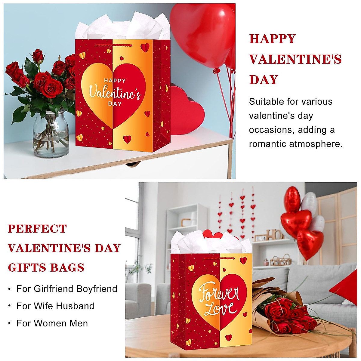 WhatSign Valentines Day Gift Bags Love You 13" Large Gift Bags with Tissue Paper and Card for Her Him Valentine's Paper Gifts Bags with Handles for Valentine's Day Anniversary Wedding Birthday Party