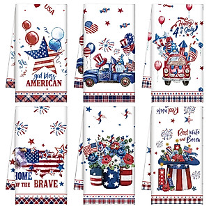 Tudomro Set of 6 4th of July Patriotic Kitchen Towels American Flag Stars Dish Towels Beach Cloth Tea Towel Red Blue Star Tea Towels, Housewarming Gift (Simple, Patriotic)