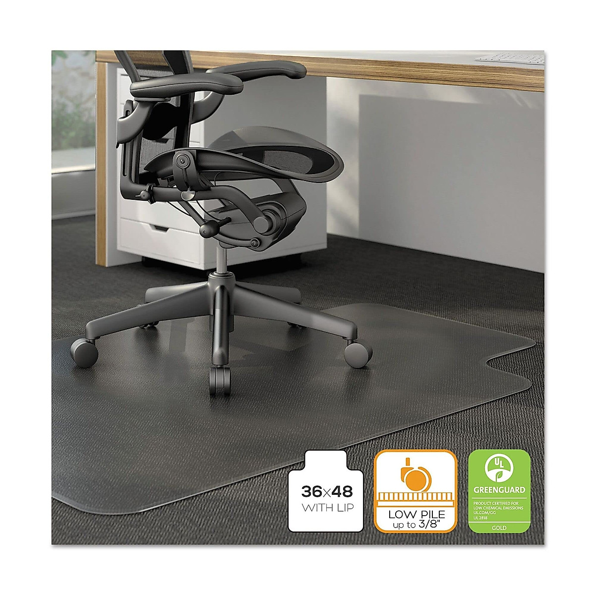 Universal Cleated Chair Mat for Low and Medium Pile Carpet 36 x 48 Clear