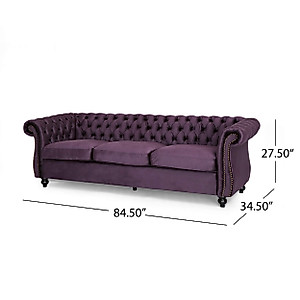 Great Deal Furniture GDFStudio Tufted Jewel Toned Velvet Sofa with Scroll Arms, BlackBerry