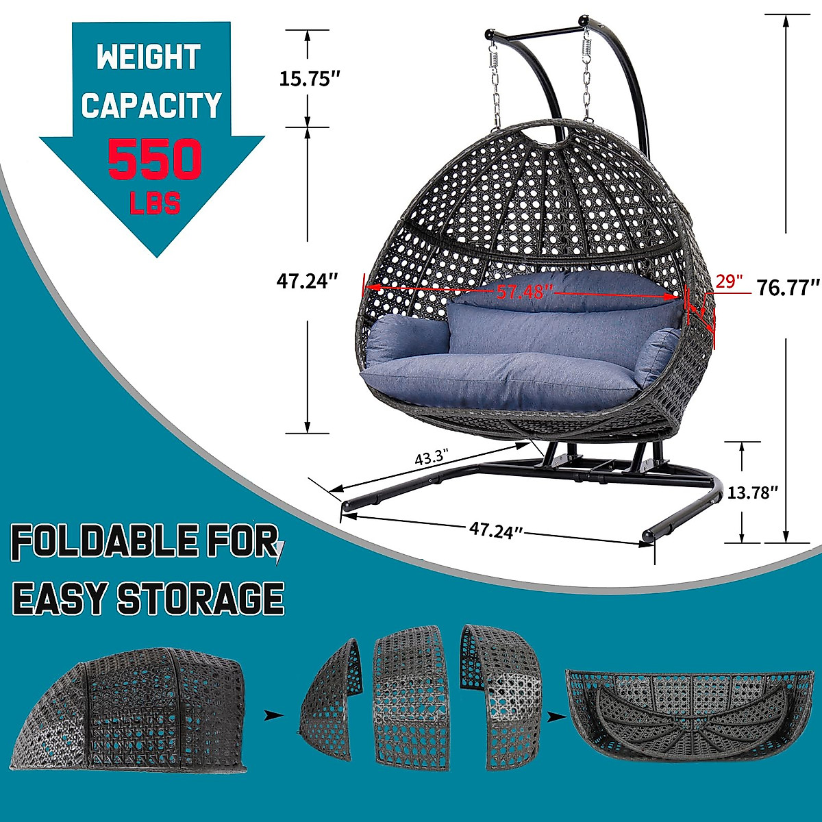 2 Person Swing Chair with Stand, X-Large Wicker Rattan Hanging Egg Chair Loveseat Chair with Cushion and Cover for Indoor Outdoor Bedroom Patio Garden (Black Frame + Dusty Blue Cushion)