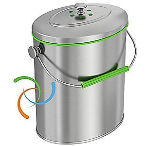 iTouchless Stainless Steel Compost Bin 1.6 Gallon Includes AbsorbX Odor Filter System, Titanium Rust-Free Space-efficient Slim Oval Shape 6 Liter Kitchen Countertop Trash Can