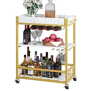 Azheruol Bar Cart White Marble 3 Tiers Removable Storage Tray with Wine Rack & Wine Glasses Holder,Rolling Beverage Cart,Mobile with Handle, Wood & Gold Steels Home Kitchen Shelf for Party