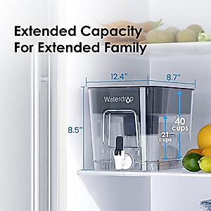 Waterdrop 200-Gallon Long-Life 40-Cup Large Water Filter Dispenser with 1 Filter, for Home and Office, 5X Times Lifetime, Reduces Chlorine, PFOA/PFOS and More, BPA Free, Black