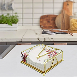 Lxooezu Flat Napkin Holder For Table,Square Wooden Base,Metal Weighted Arm Paper Napkin Holders,Paper Towel Dispensers for Kitchen Countertops,Table Decorations and Outdoor Picnics（Gold）