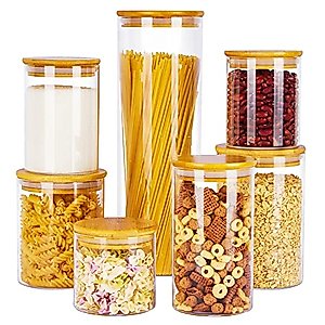 VTOPMART Glass Food Storage Jars, 7 Pack Airtight Food Containers with Bamboo Wooden Lids, Clear Glass Containers for Kitchen, Pantry Organization