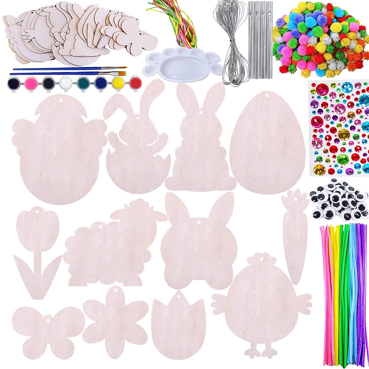 Winlyn 36 Sets Wooden Easter Wind Chimes Ornaments Easter Craft Kits Paintable Unfinished Wood Easter Egg Bunny Chick Tulip Pom Poms Wind Chimes Arts and Crafts for Spring Party Activities