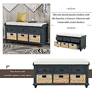 SOFTSEA Organizer Storage Bench Entryway Bench with 3 Drawers, 3 Rattan Baskets and Removable Cushion for Entryway, Hallway, Living Room, Home Collection Fully Assemble Storage Bench(Antique Navy)
