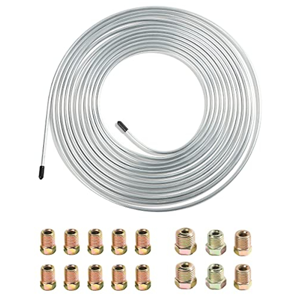 YAKEFLY 25 Ft Flexible Tube Line Roll,1/4" Brake Line Tubing Kit,Copper Coated Alloy Brake Line Tubing Coil with 16 Inverted Flare Fittings,Fuel Line Coil(Silver)