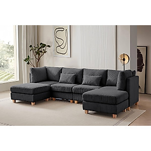 MYINDA U Shaped Sectional Couches for Living Room, 110 Inch Modular Sectional Sofa with Movable Ottoman, Corduroy Oversized Living Room Furniture Sets (Dark Gray)